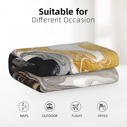 Abstract Black and Gold Swirl Liquid Ink Marble Fleece Blanket - All Season 300GSM Lightweight Plush Fuzzy Cozy Soft Flannel Throw Blanket for Bed Sofa Couch Travel Camping 30x50 inches