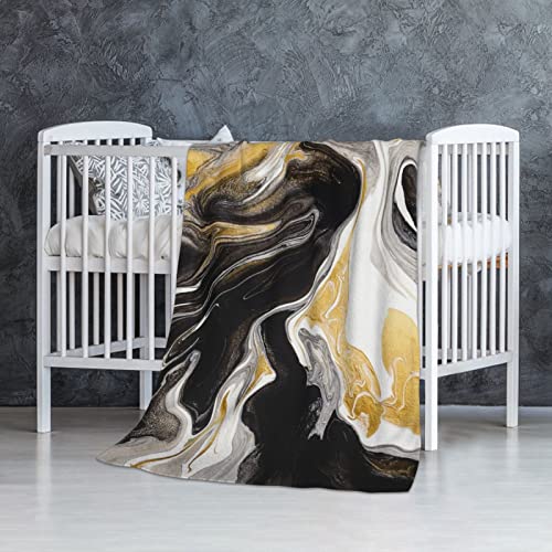 Abstract Black and Gold Swirl Liquid Ink Marble Fleece Blanket - All Season 300GSM Lightweight Plush Fuzzy Cozy Soft Flannel Throw Blanket for Bed Sofa Couch Travel Camping 30x50 inches