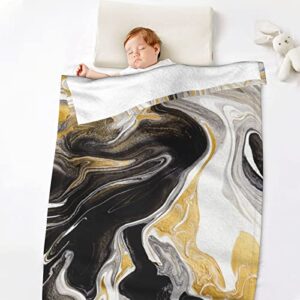 Abstract Black and Gold Swirl Liquid Ink Marble Fleece Blanket - All Season 300GSM Lightweight Plush Fuzzy Cozy Soft Flannel Throw Blanket for Bed Sofa Couch Travel Camping 30x50 inches