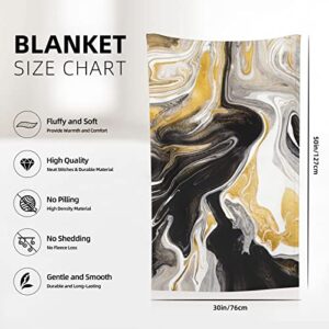 Abstract Black and Gold Swirl Liquid Ink Marble Fleece Blanket - All Season 300GSM Lightweight Plush Fuzzy Cozy Soft Flannel Throw Blanket for Bed Sofa Couch Travel Camping 30x50 inches