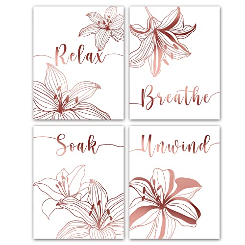 Unframed Relax Soak Unwind Breathe Bathroom Wall Decor - 8x10 inch Abstract Flowers Rose Gold Foil Print Bathroom Decor Wall Art, Set of 4 Flowers Wall Decor Art Prints for Bathroom Washroom Room Home