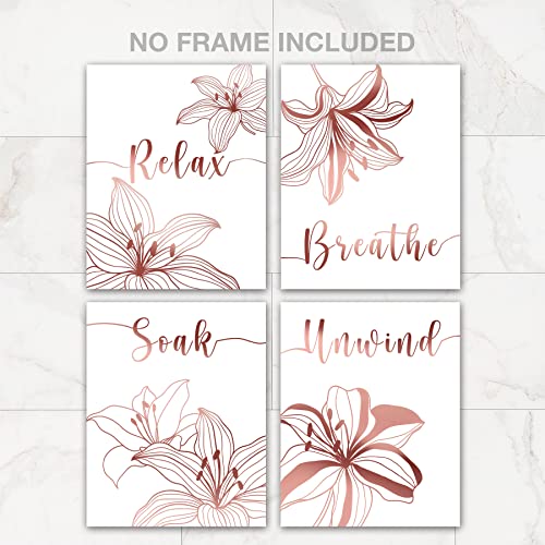 Unframed Relax Soak Unwind Breathe Bathroom Wall Decor - 8x10 inch Abstract Flowers Rose Gold Foil Print Bathroom Decor Wall Art, Set of 4 Flowers Wall Decor Art Prints for Bathroom Washroom Room Home