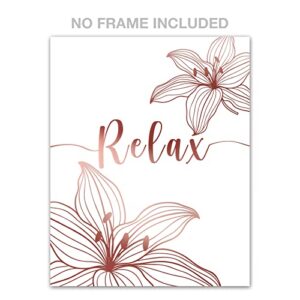 Unframed Relax Soak Unwind Breathe Bathroom Wall Decor - 8x10 inch Abstract Flowers Rose Gold Foil Print Bathroom Decor Wall Art, Set of 4 Flowers Wall Decor Art Prints for Bathroom Washroom Room Home