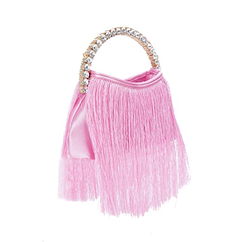 Women's Crystal Tassel Evening Clutch Purse Rhinestone Top Handle Satin Dressy Evening Party Handbags Pink