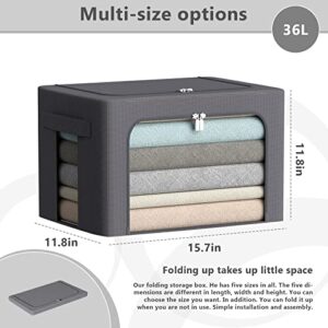 3Pack Stackable Clothes Storage Bins - Oxford Frame Storage Box Foldable Clothing Storage Container Organizer Set with Clear Window & Carry Handles Large Capacity (Dark Gray, X-Small-36L)