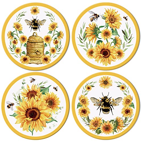 Whaline Vintage Sunflower Bee Coaster 4 Pack Farmhouse Spring Summer Drink Coaster Floral Ceramic Coaster Cup Mat for Mugs Cups Home Kitchen Party Supplies, 4.1 x 0.3 Inch