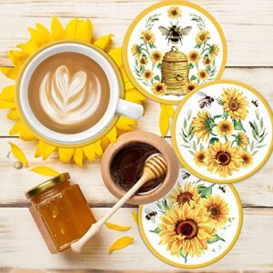 Whaline Vintage Sunflower Bee Coaster 4 Pack Farmhouse Spring Summer Drink Coaster Floral Ceramic Coaster Cup Mat for Mugs Cups Home Kitchen Party Supplies, 4.1 x 0.3 Inch