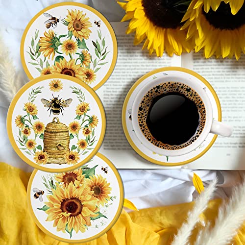 Whaline Vintage Sunflower Bee Coaster 4 Pack Farmhouse Spring Summer Drink Coaster Floral Ceramic Coaster Cup Mat for Mugs Cups Home Kitchen Party Supplies, 4.1 x 0.3 Inch