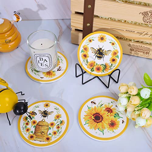 Whaline Vintage Sunflower Bee Coaster 4 Pack Farmhouse Spring Summer Drink Coaster Floral Ceramic Coaster Cup Mat for Mugs Cups Home Kitchen Party Supplies, 4.1 x 0.3 Inch