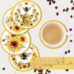 Whaline Vintage Sunflower Bee Coaster 4 Pack Farmhouse Spring Summer Drink Coaster Floral Ceramic Coaster Cup Mat for Mugs Cups Home Kitchen Party Supplies, 4.1 x 0.3 Inch