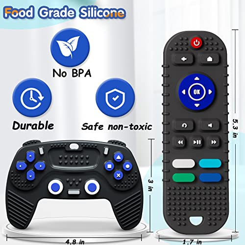 Mgtfbg 2-Pack Silicone TV Remote Control & Gaming Handle Teething Toys for Babies 6-18 Months, Boys Girls Baby Molar Teether Chew Toys Set Gift（Black)