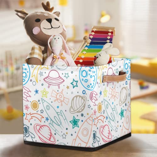 Cube Storage Bins 13 Inch Fabric Storage Basket Star Rocket Square Storage Bins Collapsible Nursery Storage Bin Organizer Basket Galaxy Storage Box for Shelves, Closet