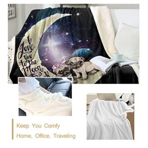 Sleepwish Galaxy Puppy Blanket Cute Pug on The Moon Valentine's Day Sherpa Blanket to The Moon and Back Pug Cozy Comfort Sherpa Blanket (Black, Throw 50"x60")