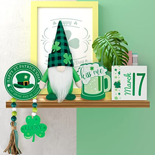 St Patricks Day Decorations, St Patricks Day Gnome Tiered Tray Decor, Shamrock Gnomes Plush,Irish Wood Signs, St Patrick Bead Garland, Rustic Irish Shamrock Items, Happy Saint Patrick’s Day Decor