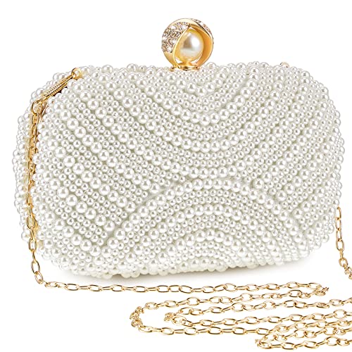 Women Evening Bags Pearl Clutch Bag Artificial Pearls Beaded Bride Purse Bridal Pearl Clutch with Chain Vintage Clutch Purses for Wedding Party