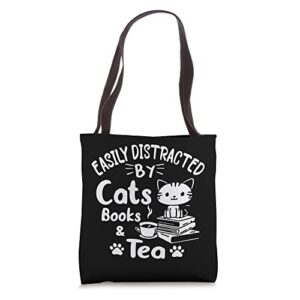 easily distracted by cats, books & tea cat & book lover tote bag