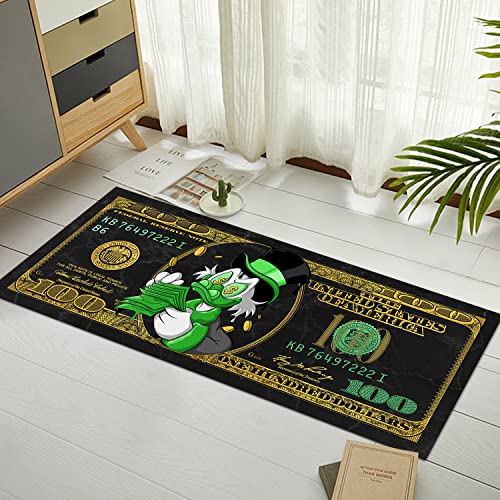 100 Dollar Bill Rug Funny Black Gold Runner Rugs Green Cartoon Duck Money Rug Inspirational Area Rugs PVC Backed Mats Carpets Laundry Room Rug Kitchen Rug Cool Rug for Bedroom Bathroom 59"x24"