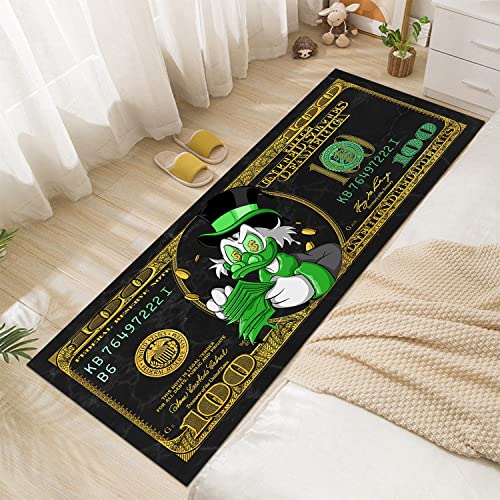 100 Dollar Bill Rug Funny Black Gold Runner Rugs Green Cartoon Duck Money Rug Inspirational Area Rugs PVC Backed Mats Carpets Laundry Room Rug Kitchen Rug Cool Rug for Bedroom Bathroom 59"x24"