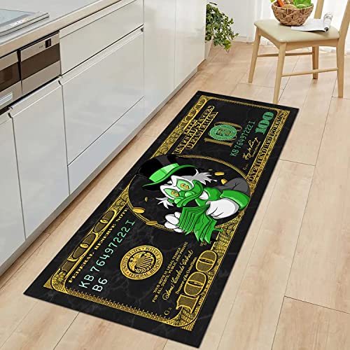 100 Dollar Bill Rug Funny Black Gold Runner Rugs Green Cartoon Duck Money Rug Inspirational Area Rugs PVC Backed Mats Carpets Laundry Room Rug Kitchen Rug Cool Rug for Bedroom Bathroom 59"x24"