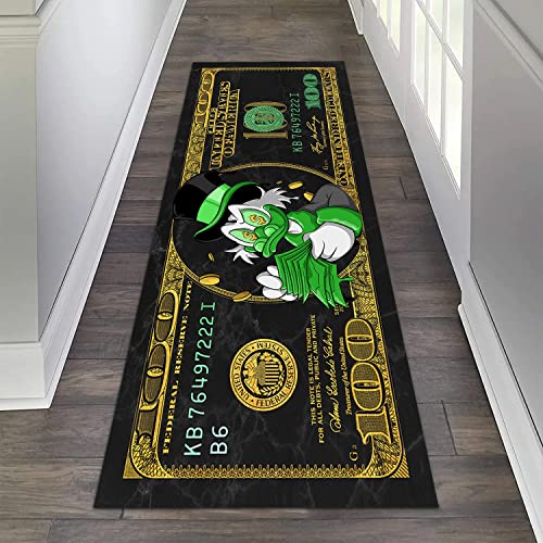 100 Dollar Bill Rug Funny Black Gold Runner Rugs Green Cartoon Duck Money Rug Inspirational Area Rugs PVC Backed Mats Carpets Laundry Room Rug Kitchen Rug Cool Rug for Bedroom Bathroom 59"x24"