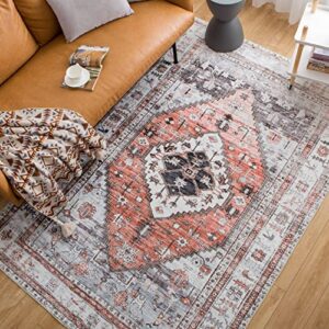 persian area rug non-slip machine washable carpet stain resistant rug 3’11″x5’11” for living room bedroom dining room kids nursery office laundry room decor bathroom kitchen indoor (garnet/grey)