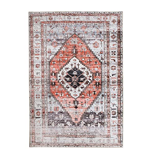 Persian Area Rug Non-Slip Machine Washable Carpet Stain Resistant Rug 3'11"x5'11" for Living Room Bedroom Dining Room Kids Nursery Office Laundry Room Decor Bathroom Kitchen Indoor (Garnet/Grey)