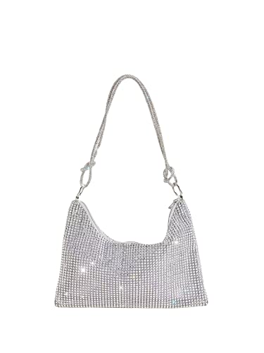 Verdusa Women's Glitter Rhinestone Hobo Handbag Evening Bag Purse Silver one-size