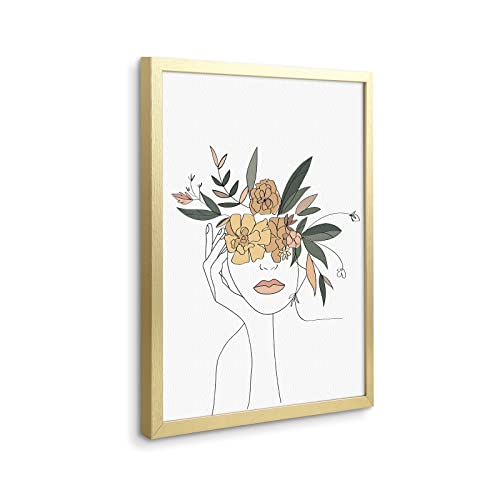 GXOBOCX Canvas Wall Art Abstract Woman Holding Face Flower on Head Illustration Modern Art Minimalist Wall Art for Living Room Bathroom Decor (Gold Framed, 12x16 inches)