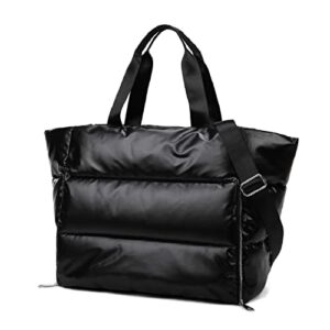 puffer tote bag of women,large designer handbags, winter soft puffer shoulder bag ladies yoga fitness bag travel bag(black)