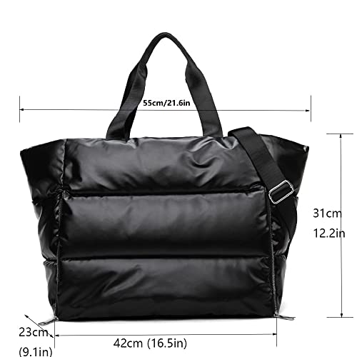 Puffer Tote Bag of Women,Large Designer Handbags, Winter Soft Puffer Shoulder Bag Ladies Yoga Fitness Bag Travel Bag(Black)