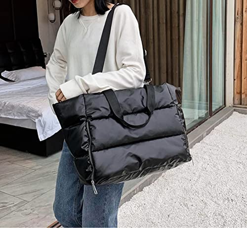 Puffer Tote Bag of Women,Large Designer Handbags, Winter Soft Puffer Shoulder Bag Ladies Yoga Fitness Bag Travel Bag(Black)