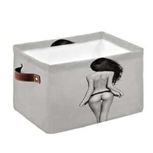 Naked Girl Cube Storage Organizer Bins with Handles, 15x11x9.5 Inch Collapsible Canvas Cloth Fabric Storage Basket, Sexy Beauty Grey Modern Art Books Kids' Toys Bin Boxes for Shelves, Closet