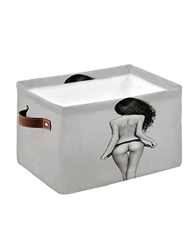 Naked Girl Cube Storage Organizer Bins with Handles, 15x11x9.5 Inch Collapsible Canvas Cloth Fabric Storage Basket, Sexy Beauty Grey Modern Art Books Kids' Toys Bin Boxes for Shelves, Closet