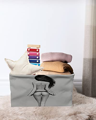 Naked Girl Cube Storage Organizer Bins with Handles, 15x11x9.5 Inch Collapsible Canvas Cloth Fabric Storage Basket, Sexy Beauty Grey Modern Art Books Kids' Toys Bin Boxes for Shelves, Closet