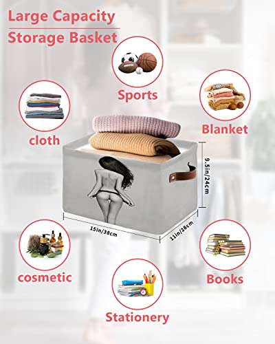 Naked Girl Cube Storage Organizer Bins with Handles, 15x11x9.5 Inch Collapsible Canvas Cloth Fabric Storage Basket, Sexy Beauty Grey Modern Art Books Kids' Toys Bin Boxes for Shelves, Closet