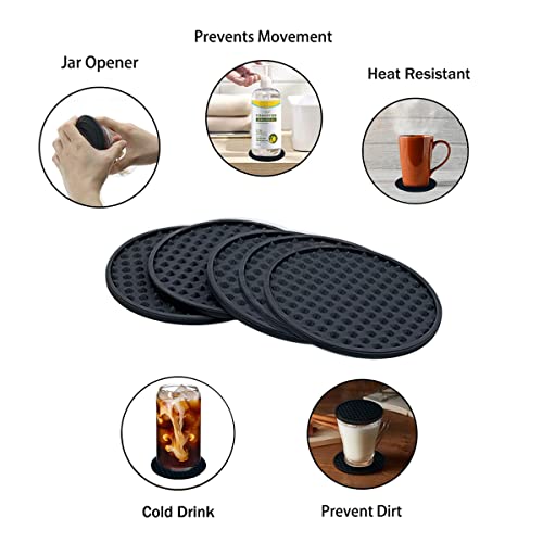 Set of 8 Drink Coasters with Holder,Silicone Coasters for Drinks, Rubber Coasters for Tabletop Protection, Non-Slip Heat Resistant Coasters for Coffee Table (Black)