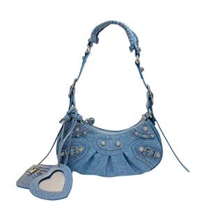 cross body bag purses for women shoulder bag in blue denim with rhinestons fashion rivet punk bag