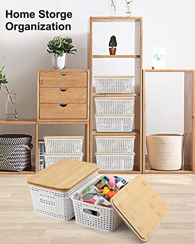 EOENVIVS Plastic Storage Baskets With Bamboo Lid Pantry Organization and Storage Containers Lidded Organizer Bins Small Baskets for Shelves Drawers Desktop Closet Playroom Classroom Office, 3 Pack