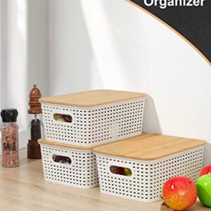 EOENVIVS Plastic Storage Baskets With Bamboo Lid Pantry Organization and Storage Containers Lidded Organizer Bins Small Baskets for Shelves Drawers Desktop Closet Playroom Classroom Office, 3 Pack