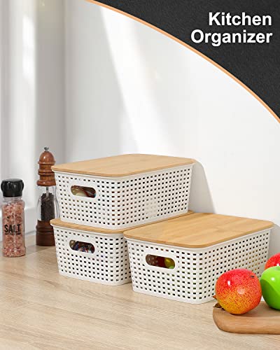 EOENVIVS Plastic Storage Baskets With Bamboo Lid Pantry Organization and Storage Containers Lidded Organizer Bins Small Baskets for Shelves Drawers Desktop Closet Playroom Classroom Office, 3 Pack