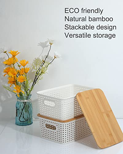 EOENVIVS Plastic Storage Baskets With Bamboo Lid Pantry Organization and Storage Containers Lidded Organizer Bins Small Baskets for Shelves Drawers Desktop Closet Playroom Classroom Office, 3 Pack