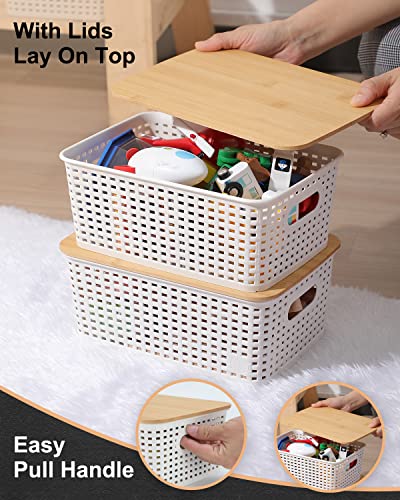 EOENVIVS Plastic Storage Baskets With Bamboo Lid Pantry Organization and Storage Containers Lidded Organizer Bins Small Baskets for Shelves Drawers Desktop Closet Playroom Classroom Office, 3 Pack