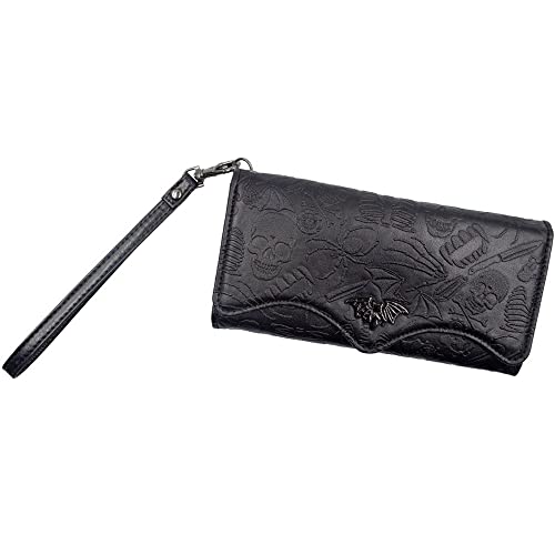 kreepsville 666 Gothic Embossed Skull Death Bat Trifold Women's Wristlet Wallet