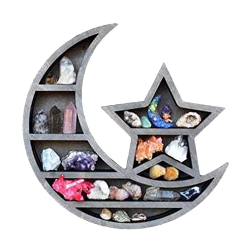 The Moon and Star Wood Shelf Wall Mounted Crystal Display Shelf Wooden Floating Moon Shelf Wall Décor for Crystals Stone, Essential Oil, Small Plant and Art, Gothic Witchy Decor