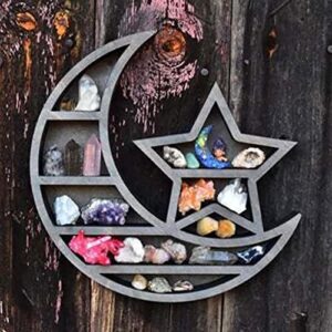 The Moon and Star Wood Shelf Wall Mounted Crystal Display Shelf Wooden Floating Moon Shelf Wall Décor for Crystals Stone, Essential Oil, Small Plant and Art, Gothic Witchy Decor