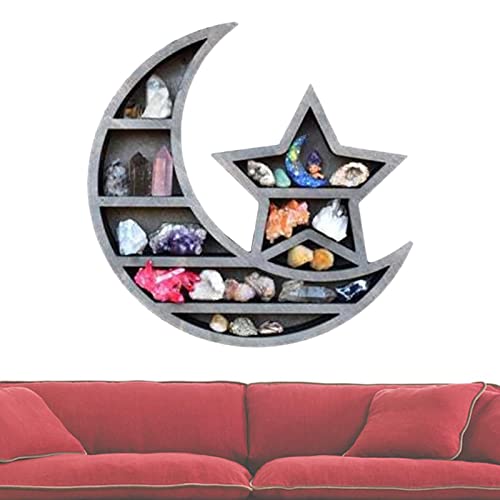 The Moon and Star Wood Shelf Wall Mounted Crystal Display Shelf Wooden Floating Moon Shelf Wall Décor for Crystals Stone, Essential Oil, Small Plant and Art, Gothic Witchy Decor