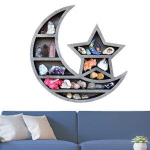 The Moon and Star Wood Shelf Wall Mounted Crystal Display Shelf Wooden Floating Moon Shelf Wall Décor for Crystals Stone, Essential Oil, Small Plant and Art, Gothic Witchy Decor