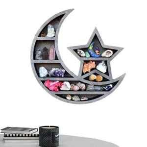 The Moon and Star Wood Shelf Wall Mounted Crystal Display Shelf Wooden Floating Moon Shelf Wall Décor for Crystals Stone, Essential Oil, Small Plant and Art, Gothic Witchy Decor