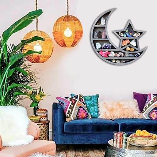 The Moon and Star Wood Shelf Wall Mounted Crystal Display Shelf Wooden Floating Moon Shelf Wall Décor for Crystals Stone, Essential Oil, Small Plant and Art, Gothic Witchy Decor