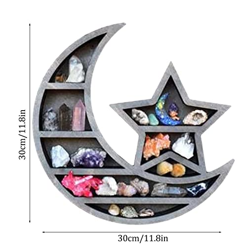 The Moon and Star Wood Shelf Wall Mounted Crystal Display Shelf Wooden Floating Moon Shelf Wall Décor for Crystals Stone, Essential Oil, Small Plant and Art, Gothic Witchy Decor